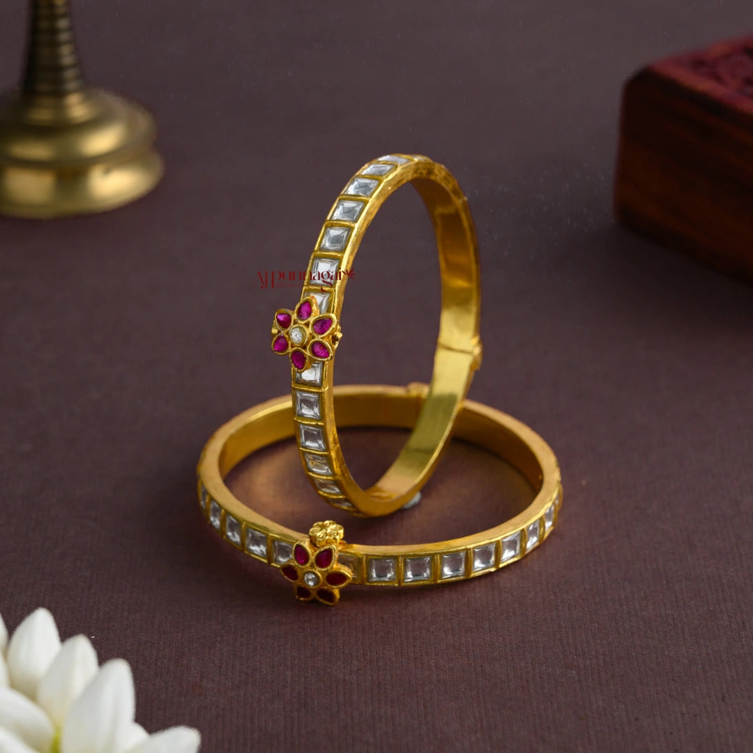Single Line Kundan Jadau Openable Bangle - White With Ruby – AJ Punnagai